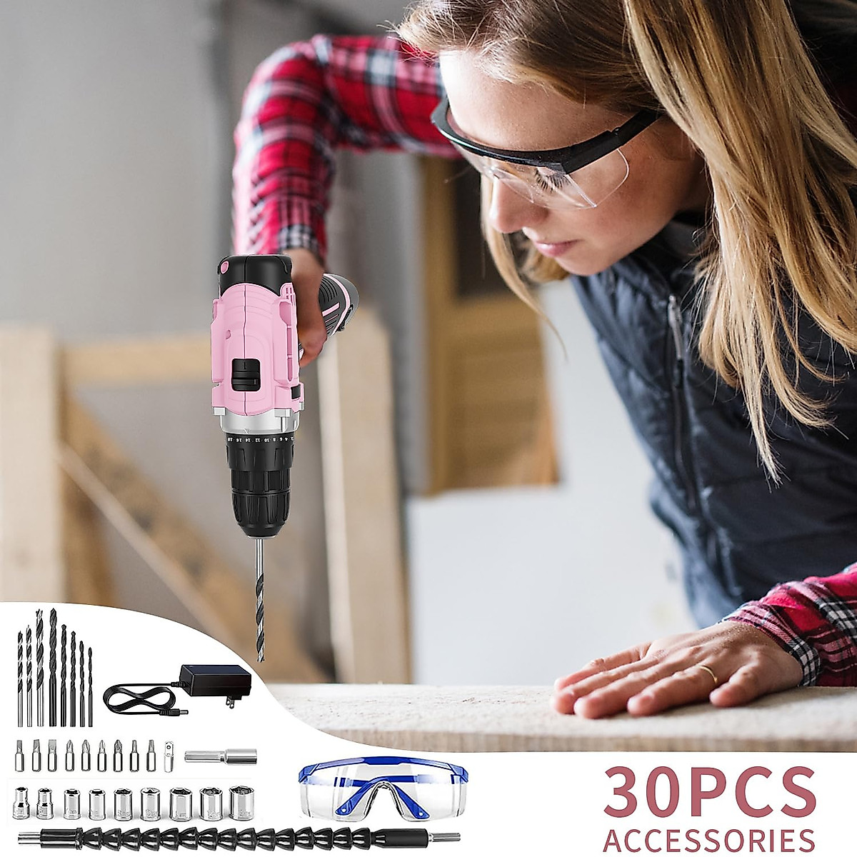 GardenJoy Cordless Power Drill Set: 12V Electric Drill with Battery and Charger, 2 Variable Speed, 24+1 Torque Setting, 3/8-Inch Keyless Chuck, Portable Drill and 30pcs Drill/Driver Bits