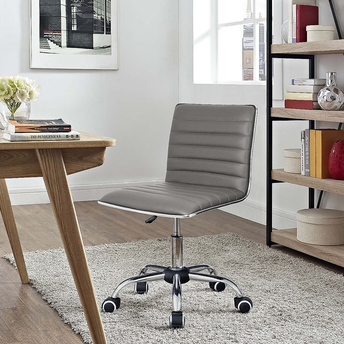 Homall Modern Adjustable Low Back Armless Ribbed Task Office Desk Vanity Swivel Rolling Leather Computer Conference Chair (Gray)