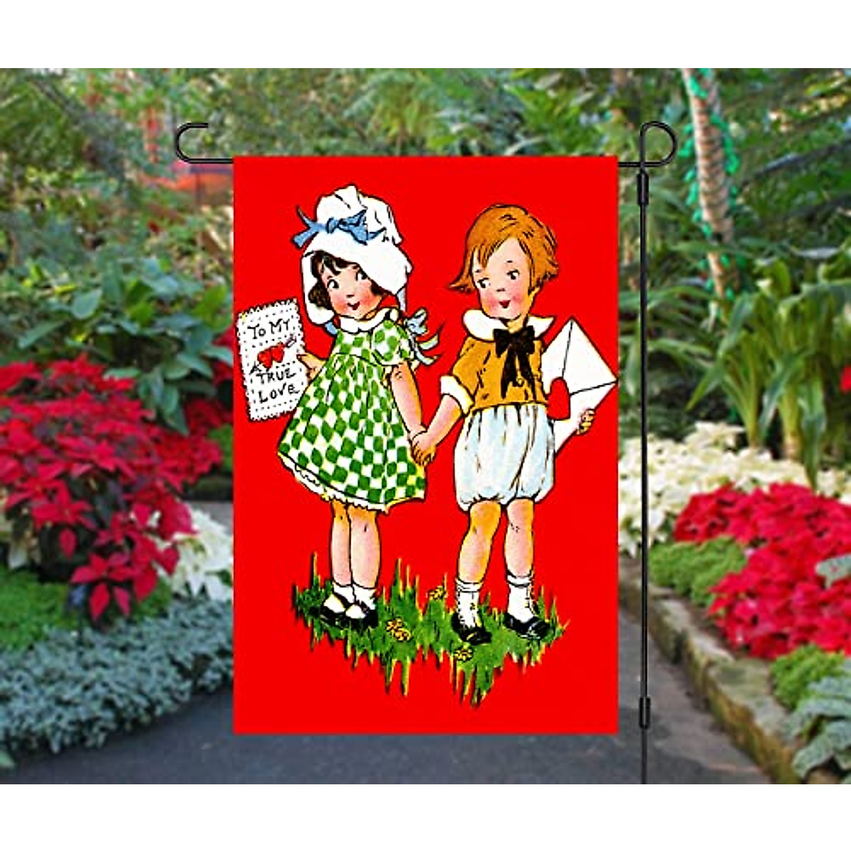 Happy Valentine's Day Garden Flag - Retro Valentines Day Yard Flag - Valentines Day Garden Flags 12x18 Double Sided - Red Vintage Garden Flag Design by Jolly Jon