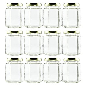 Cornucopia 6-Ounce Hexagon Glass Jars (12-Pack); Empty Hex Jars w/Gold Lids for Party Favors, Jams, Samples & More