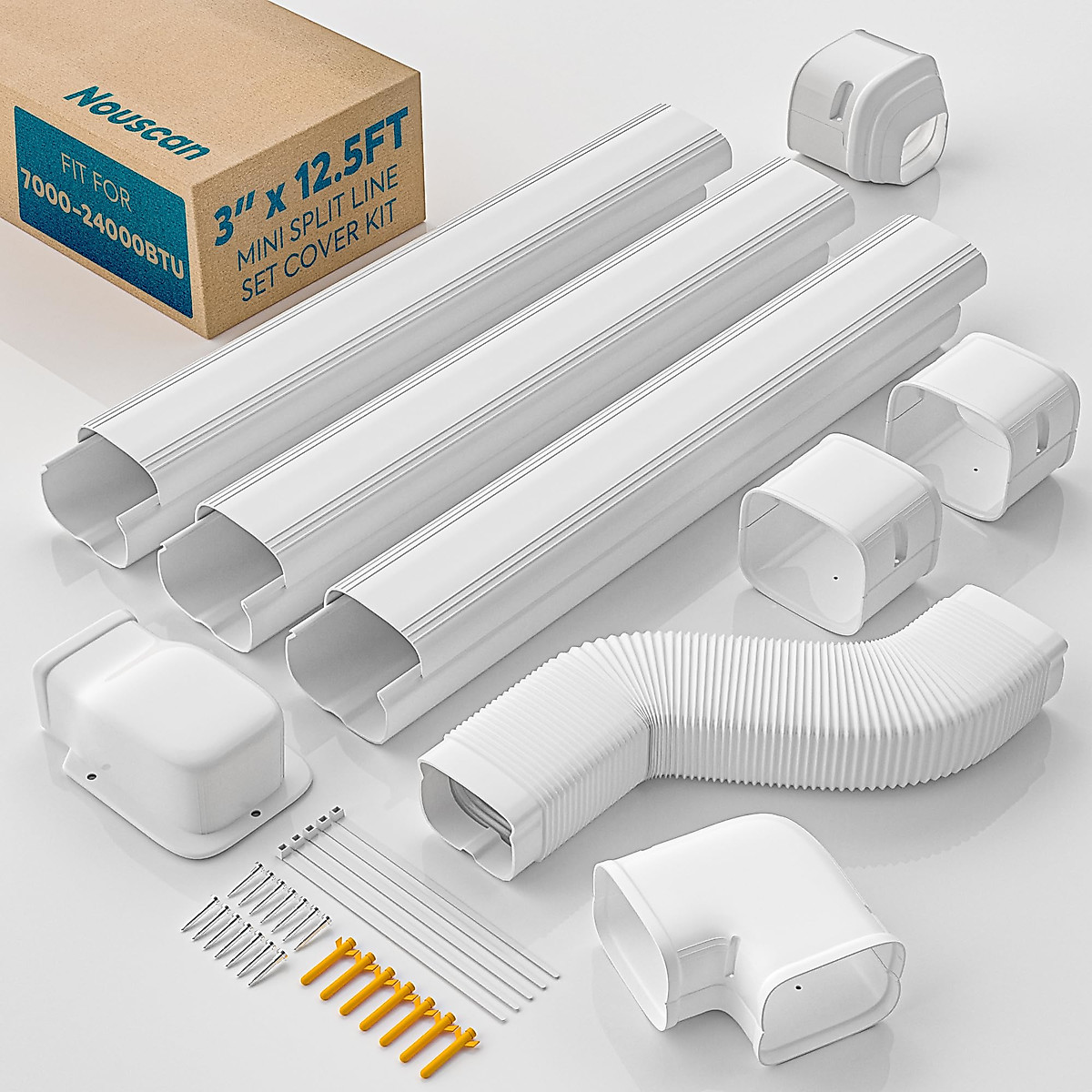 Nouscan 3" 12.5Ft Mini Split Line Set Cover with Flexible Duct, Upgrade PP Decorative Paintable Lineset Cover Kit, 39.37" per Straight Duct, for Minisplit, Air Conditioner, Central AC, HAVC