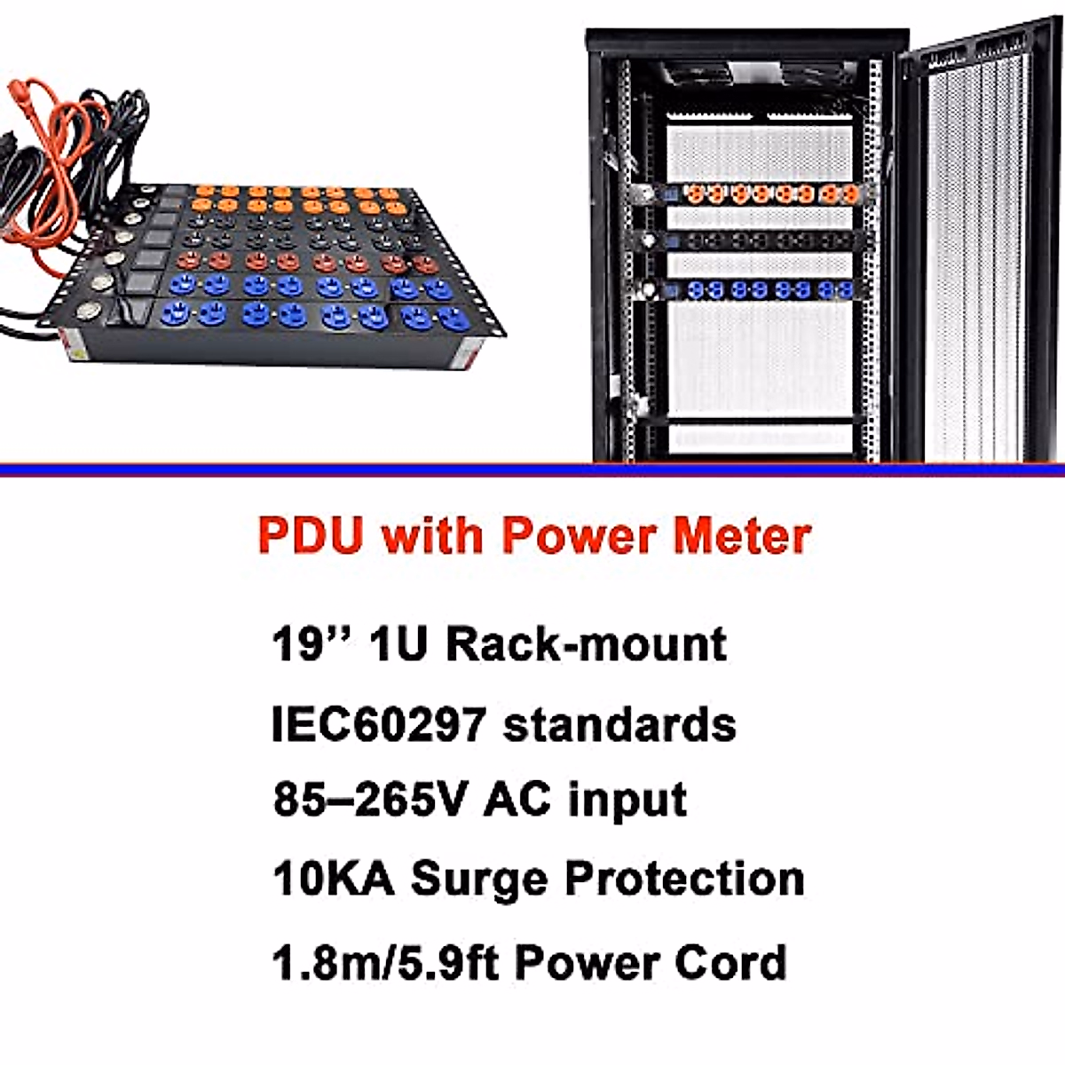Rack Mount Power Strips 19'' 1U Switched PDU Surge Protection Metered PDU 8 Outlet with High-Precision Measuring Instruments 100-250V 20A with 6ft Heavy Duty Extension Cord (Orange)