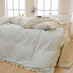 MKXI Princess Floral Comforter Set Ruffled Comforter Wildflowers Patern Full Size Cute Artistic Bedding Set Light Green Bed Comforter for Girls Blue Flowers Bedding Comforter Duvet Set