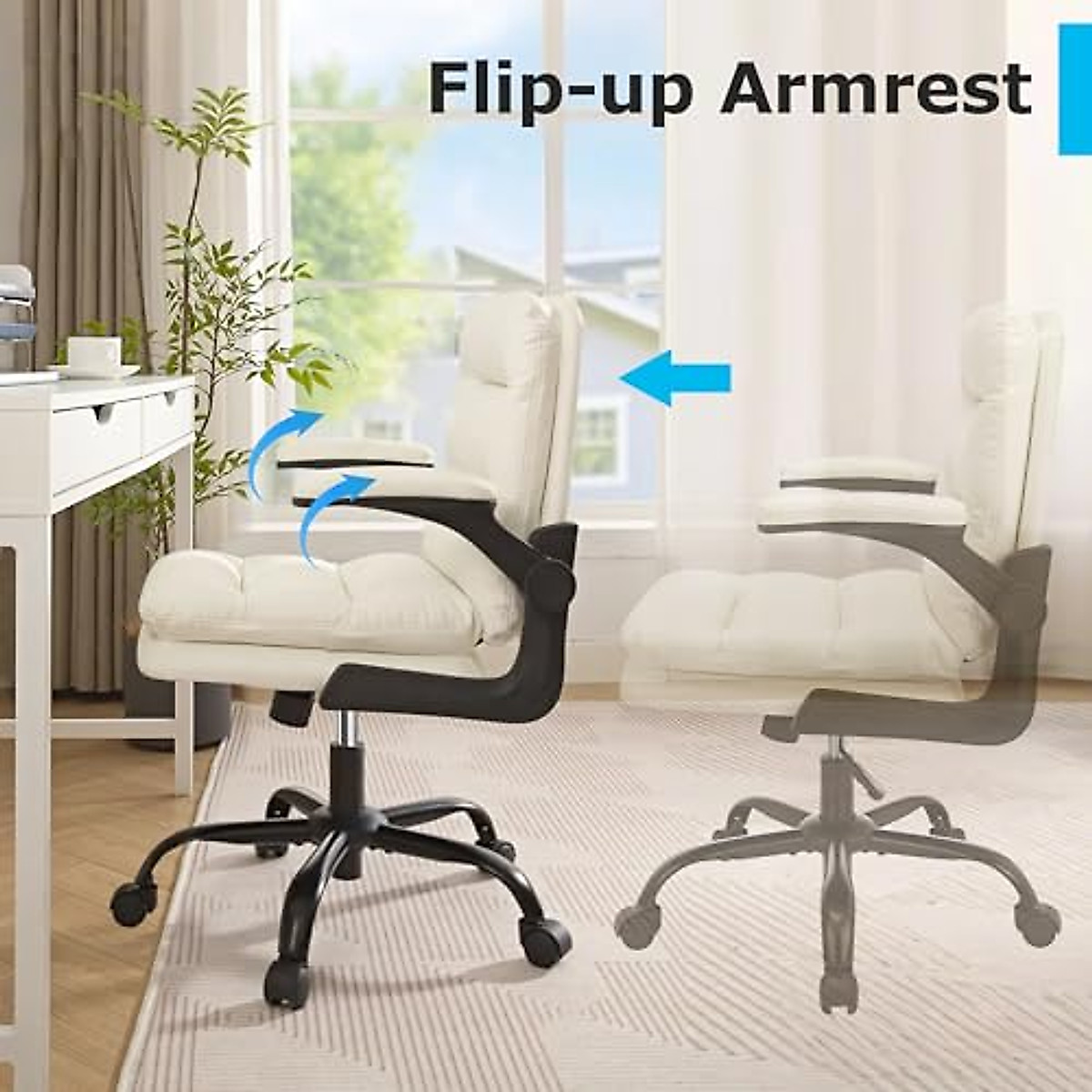 VECELO Ergonomic Swivel Office Desk Chair with Flip-up Armrest and Adjustable Height, Lumbar Support & PU Leather Thickened Cushion, for Computer Task Work, White