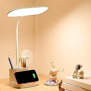 Desk Lamps for Home Office, 3 Light Colors Dimmable Desk Light Led Desk Lamp with Charger, Battery Operated Desk Lamp for Desk, Study Lamp with Pen & Phone Holder,White Led Desk Lamps for Home Office