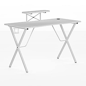 EMMA + OLIVER White Gaming Desk-Cup Holder, Headphone Hook, Monitor/Smartphone Stand