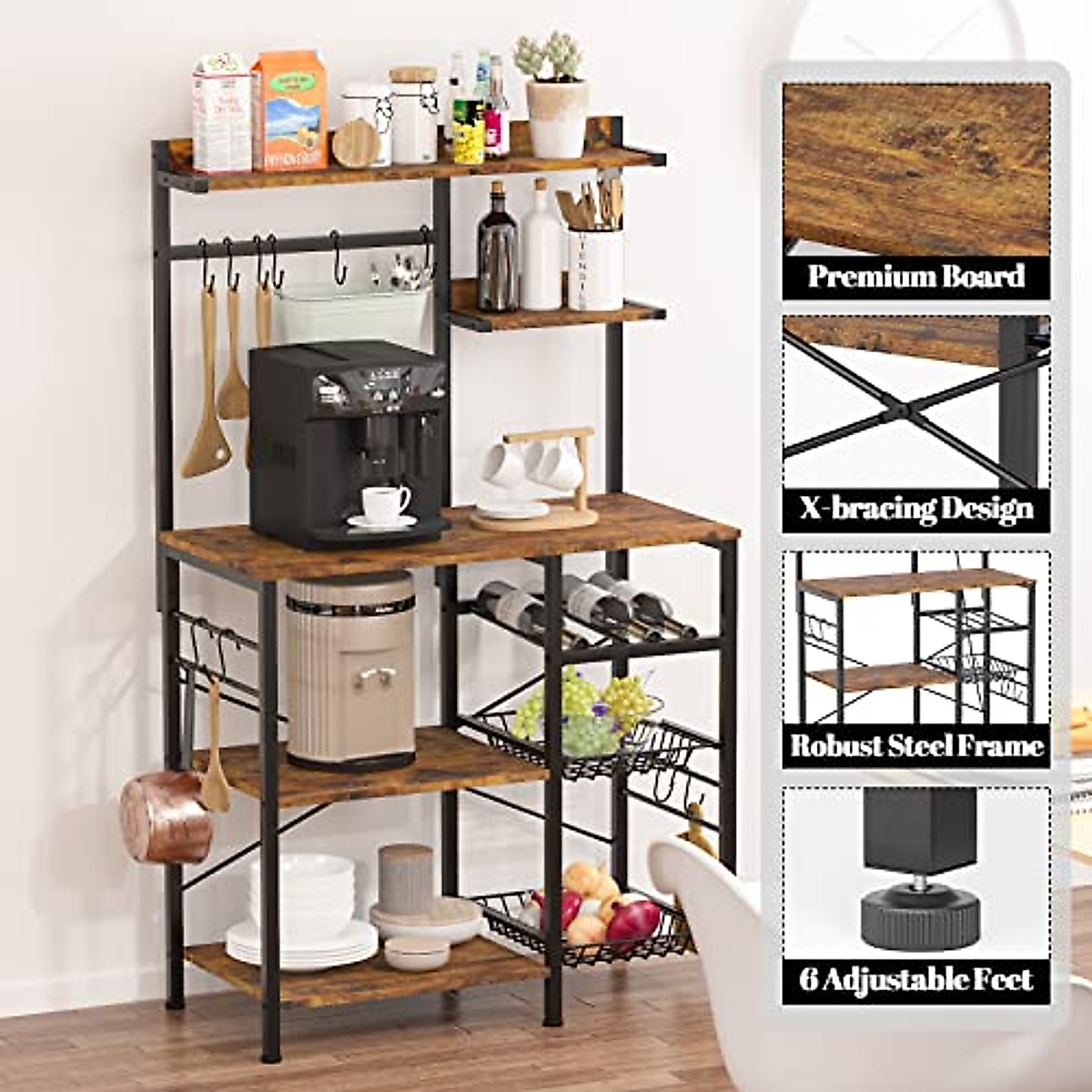 Kitchen Baker’s Rack with 2 Pull Out Wire Baskets, Microwave Stand with Storage Shelf & Wine Rack, 5-Tier Utility Coffee Bar Station with 10 Hooks for Spice Rack Organizer Workstation, Rustic Brown