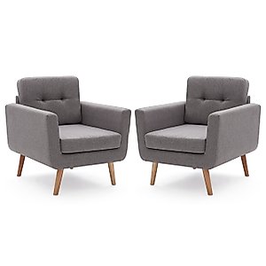 Tbfit Linen Fabric Accent Chairs Set of 2, Mid Century Modern Armchair for Living Room, Bedroom Button Tufted Upholstered Comfy Reading Accent Chair Sofa(Grey)