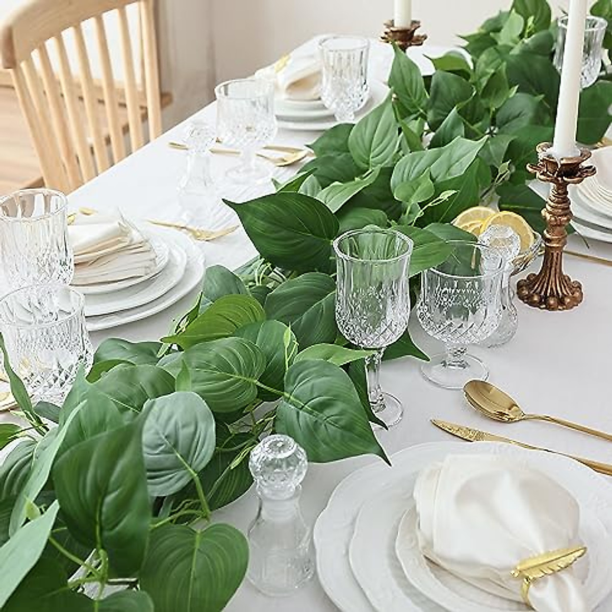 mizii 2 Strands Artificial Vines Scindapsus Garland 79" Real Touch Fake Vine with Silk Green Leaves Faux Hanging Plants Greenery Decoration for Bedroom Wall Party Wedding Room Decor