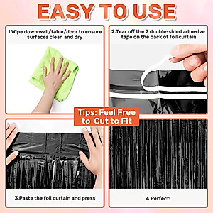 4-Pack Backdrop for Party Decorations, Foil Fringe Backdrop Curtains, Tinsel Streamers for Birthday Party Decorations, Black Tinsel Curtains for Halloween Bachelorette Prom Disco Hollywood Theme Party