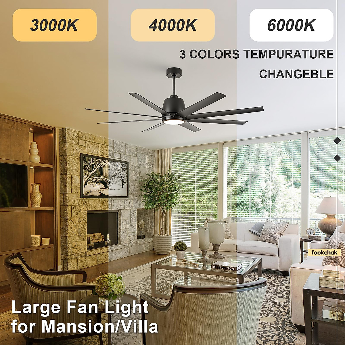 FookChak 65in Black Large Ceiling Fan with Lights 8-Blade Remote Control Outdoor Fan Light for Patio Large LED Ceiling Fan Light for Garage Gym Room Living Room