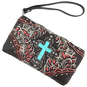 Zelris Design Western Country Cross Autumn Floral Crossbody Trifold Strap Wallet (Black)