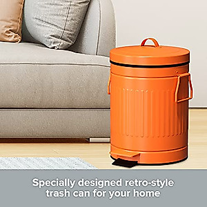 Retro Trash Can with Lid - 5L/1.3Gal Step Trash Can w/ Soft Closing Lid - Round Garbage Can w/ Handles - Touchless Trash Can w/ Removable Garbage Guard Bucket - Outdoor Garbage Can - Large Trash Bin, Orange