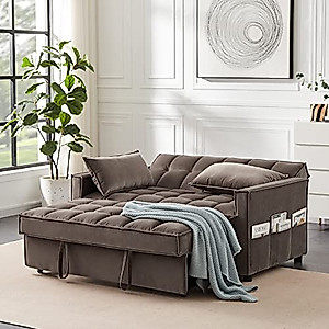 Aoowow 58 Inch Convertible Sleeper Sofa, Velvet Loveseat Sleeper Pull Out Sofa Bed Convertible Loveseat with Adjustable Backrest, 2 Pillows and Side Pockets for Living Room Small Spaces (Brown)