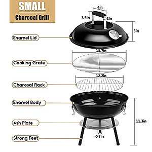 14 Inch Charcoal Grill, HaSteeL Portable & Mini BBQ Grilling Smoker, Great for Outdoor Cooking Backyard Garden Camping Picnic Barbecue, Enamel Black Lid, Plus a Screwdriver