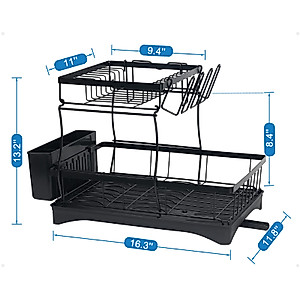 JUPELI Dish Drying Rack, 2 Tier Dish Racks for Kitchen Counter, Large Dish Drainer Strainer Dryer Tray Set, Kitchen Gadgets with Drainboard | Utensil | Cutting-Board Holder, Kitchen Organization Decor