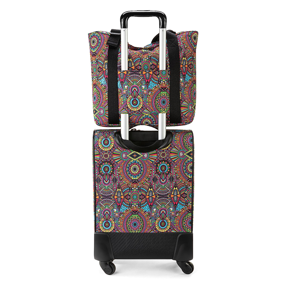 Sakroots On the Go 4 Piece Travel Bundle, Includes 21" Rolling Suitcase, Packable Large Tote, Medium & Small Pouches, Rainbow Wanderlust