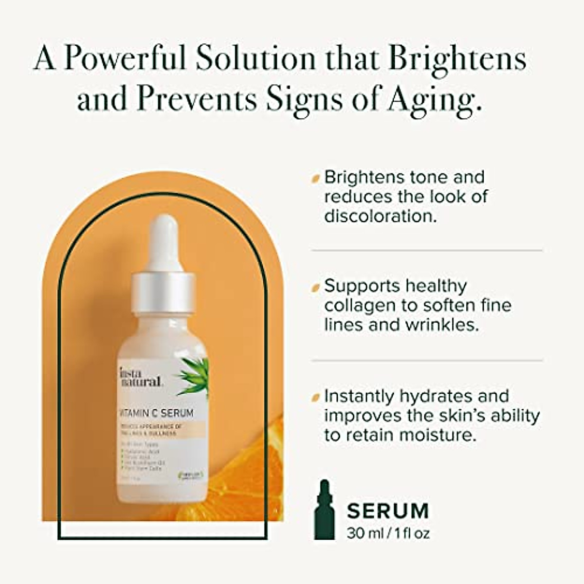 InstaNatural Vitamin C Serum, Vitamin C Serum for Face with Hyaluronic Acid and Ferulic Acid, Brightening Serum and Anti Aging Serum