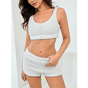 SweatyRocks Women's Fuzzy Pajamas Set Crop Tank Top With Shorts Loungewear White M