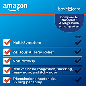 Amazon Basic Care 24 Hour Allergy Nasal Spray, Triamcinolone Acetonide 55 mcg per spray, Allergy Medicine, Non-Drowsy, 0.57 fl oz (Pack of 1)