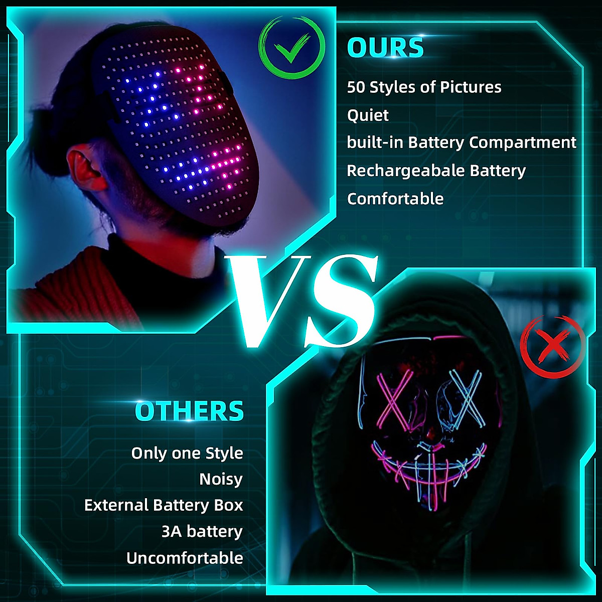 Ompusos LED Mask with Gesture Sensing Transforming Light Up Face Mask for Halloween Rave, Birthday and Masquerade Parties