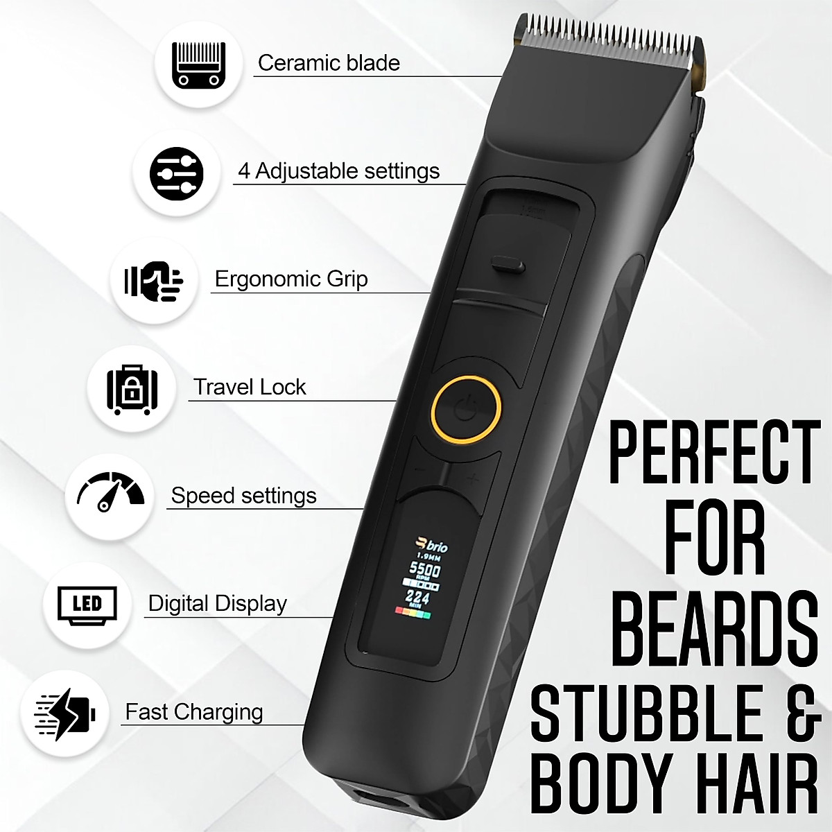 Brio Beardscape V2 Beard Trimmer for Men Professional with Low Friction Ceramic Blade, Cordless Professional Hair Trimmer for Barbers with 4 Hrs of Long Battery Timing, Ideal for Beard & Body (Black)
