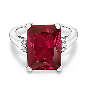 Gem Stone King 925 Sterling Silver Red Created Ruby Ring For Women (5.07 Cttw, Emerald Cut 14X10MM, Available in size 5, 6, 7, 8, 9)
