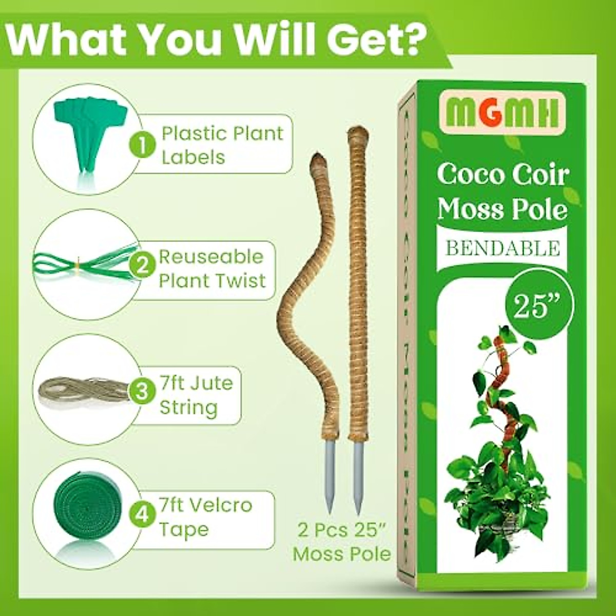 MGMH Coco Coir Moss Pole for Plants, 2 Sticks 25 Inch Bendable Plant Stakes Made of Real Coco Coir, Good for Climbing Plants Monstera and Other Creeper Plants Grow Upwards