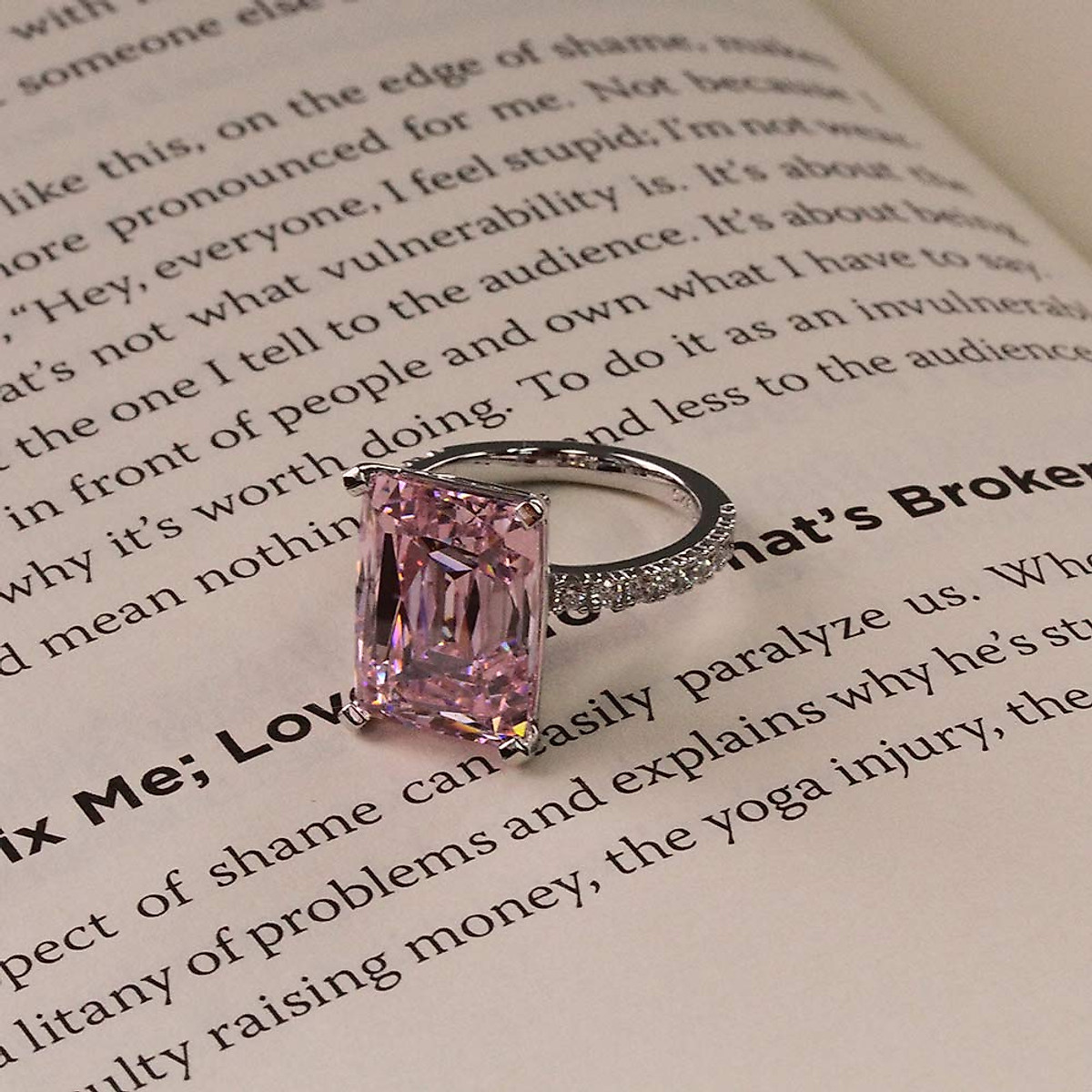 Sterling Silver Ring Emerald Cut 8.5 carat Super Light Pink CZ Stone Cocktail Ring 14MM (Size 5 to 10), 7