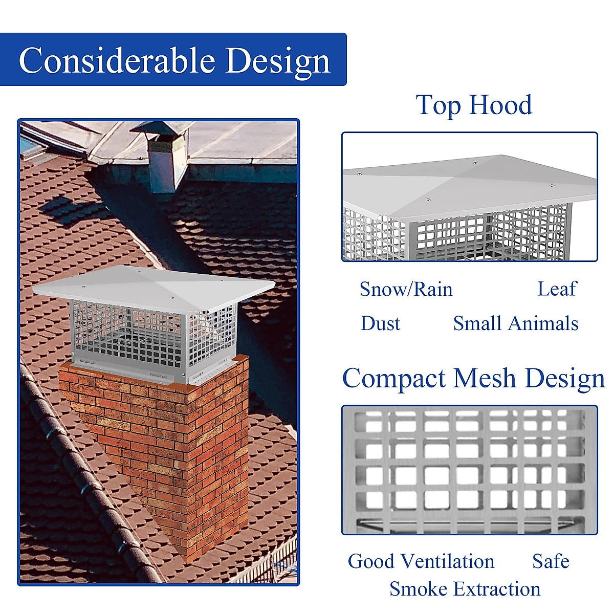 Flieeya Chimney Cap, Stainless Steel Chimney Cap, 17" x 29" Bolt On Single Flue Chimney Cover 304 Stainless Steel Fireplace Chimney Cover Adjustable for Outdoor Masonry Chimney