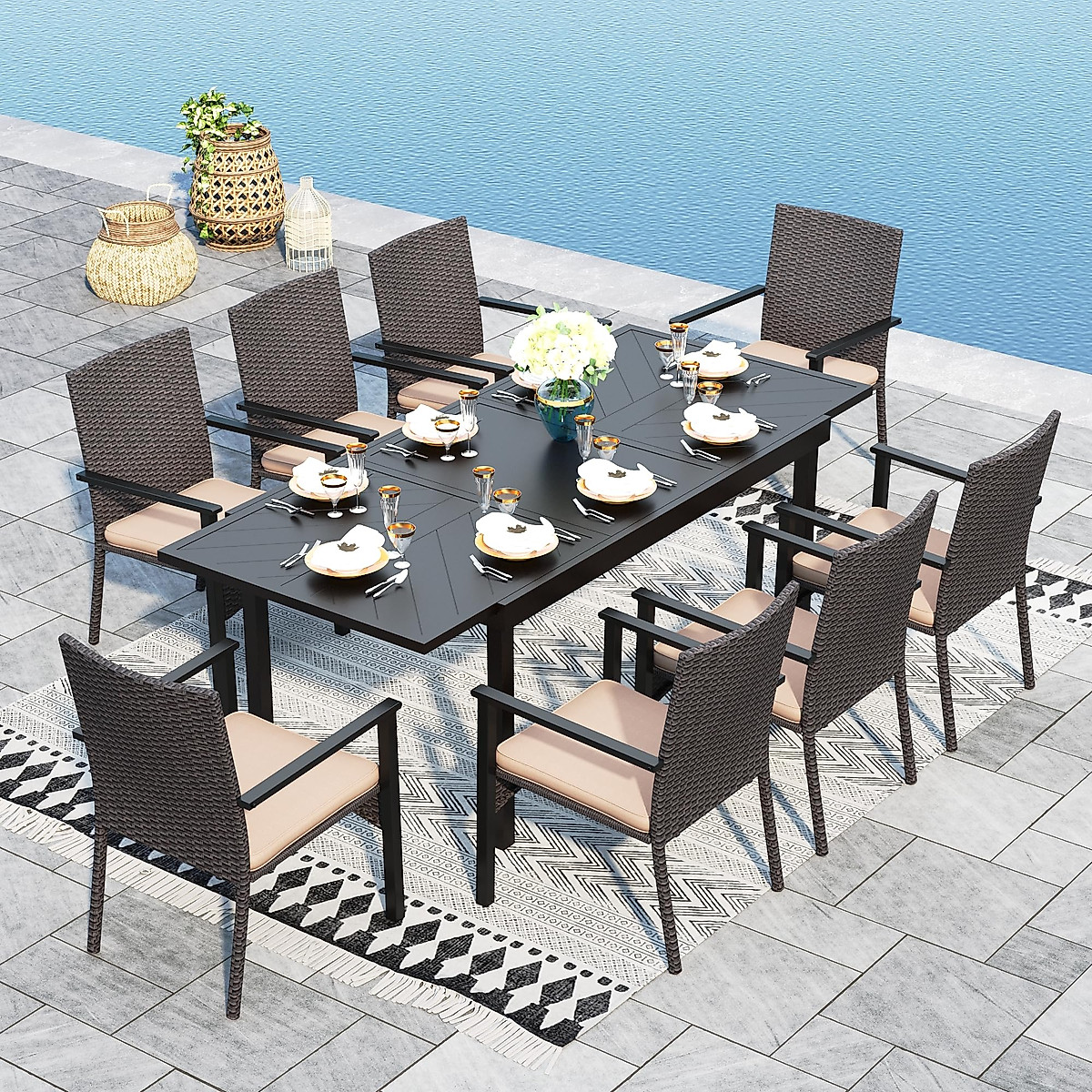 Sophia & William 9 Pieces Expandable Patio Dining Set for 8, Metal Patio Table and Rattan Wicker Chairs Set, All Weather Rectangular Outdoor Dining Table and Chairs for Backyard Garden Porch Deck