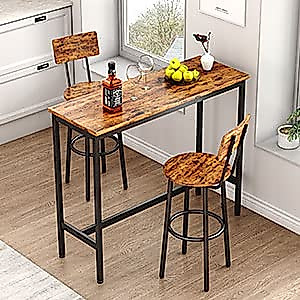 GNIXUU 3 Piece Pub Dining Set, 43" Rectangular Bar Bistro Table and 2 Bar Stools with Backrest, Industrial Wood Breakfast Table Set for Kitchen Nook, Apartment, Small Space(3, 43Inch)