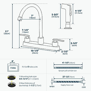 DAYONE Kitchen Faucet with Side Sprayer 2 Handle Brushed Nickel, 8 Inches 4 Holes Centerset Kitchen Sink Faucet, Pull Out Stainless Steel Sink Faucets for RV Laundry Bar with Supply Lines, DAY-CR2001