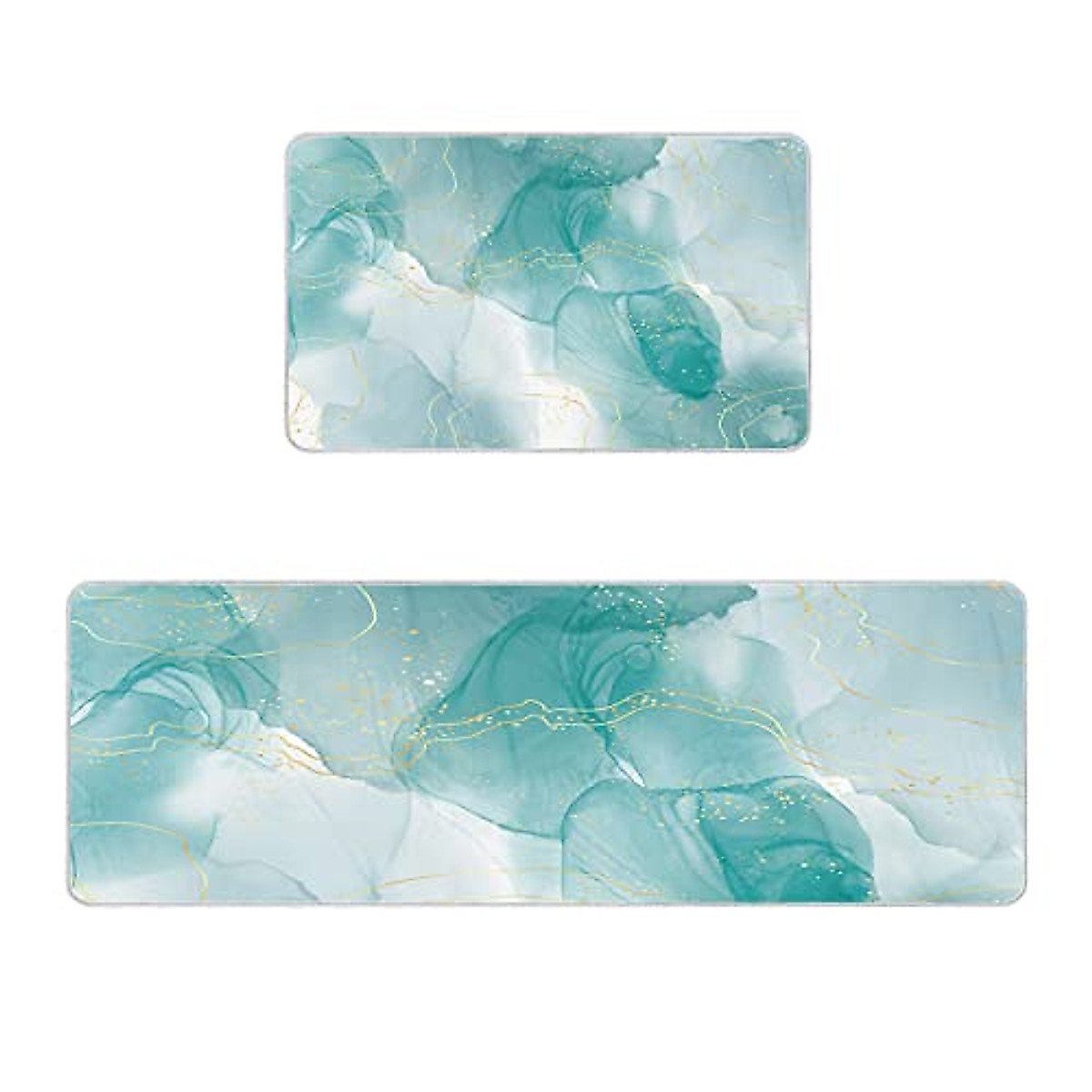 ZOE GARDEN 2 Pcs Kitchen Rug Set, Marble Aqua Non-Slip Kitchen Mats and Rugs Comfort Floor Door Mat Doormat, Long Throw Bath Runner Rug Mat Gradient Gold Aesthetics Abstract Minimalist Art