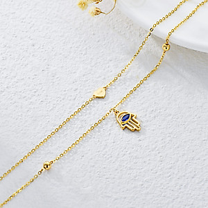 SISGEM Solid 14K Gold Layered Anklet for Women, Real Gold Evil Eye Hamas Hand Anklet Bracelet Foot Bracelet Fine Jewelry Anniversary Birthday Gifts for Her, Wife, Mom, 8''+2''