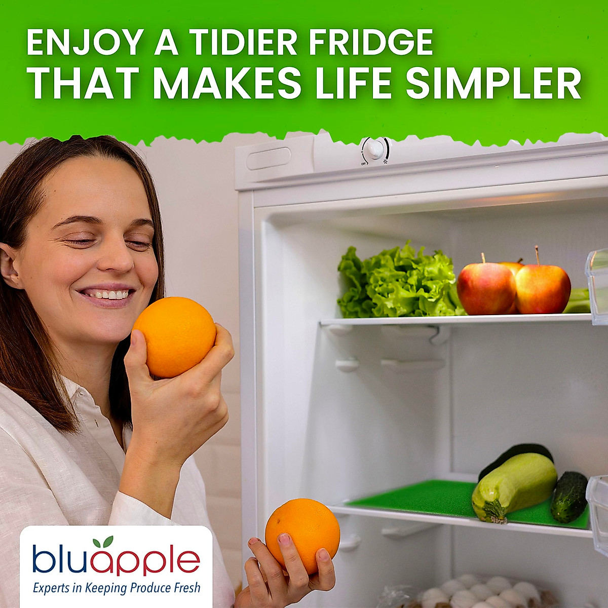 Bluapple FreshMats 4-Pack, 12" x 15" Cuttable, Washable, & Reusable Sponge Refrigerator Fruit & Vegetable Shelf Liner to Keep Produce Fresh Longer, Anti-Bruising, Promotes Air Circulation