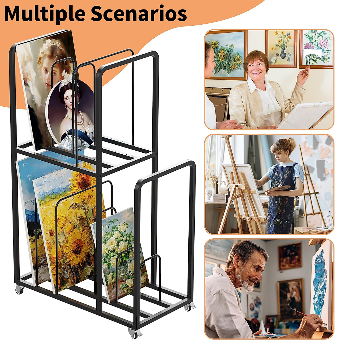 lukar Metal Art Storage Rack with Caster Wheels, 2 Tier Art Canvas Storage Rack, Large Artwork Storage Stand Canvas Organizer Art Drying Rack for Painting, Canvas, Artwork, Panels, Galleries