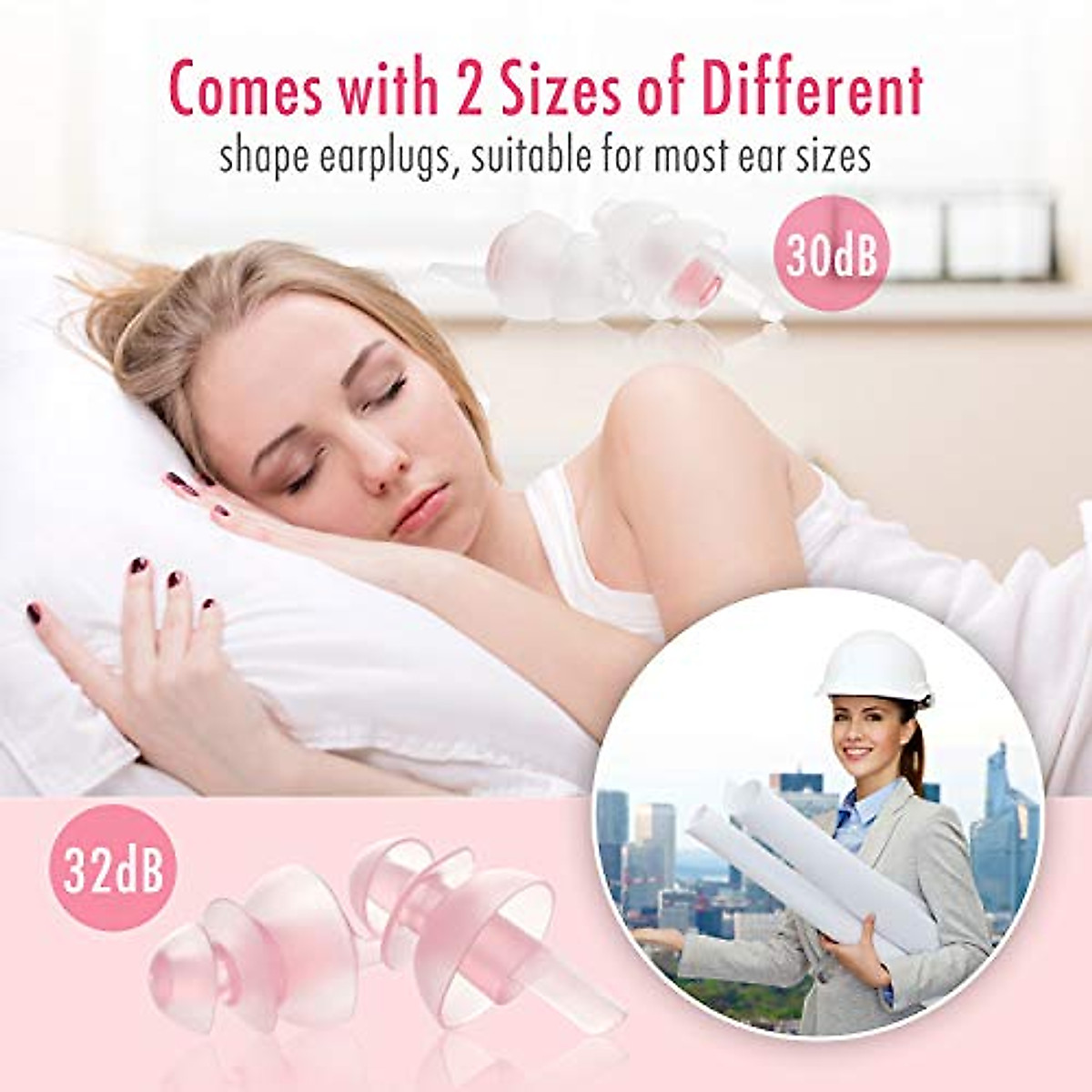 Hearprotek Sleeping Ear Plugs,2 Pairs Ear Plugs (32db & 30db) Ultra Soft Noise Reduction and Hearing Protection earplugs for Side Sleepers, snoring, Travel, Working, Safety (Pink)