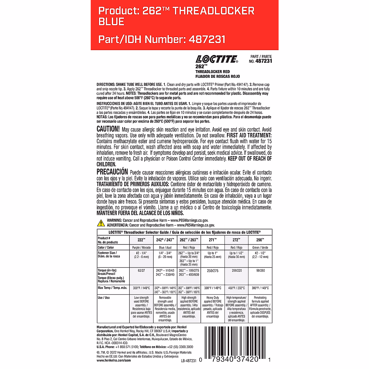 LOCTITE 262 Threadlocker for Automotive: High-Strength, Oil Tolerant, High-Temp, Anaerobic | Red, 6mL Tube (PN: 37420 - 487231)