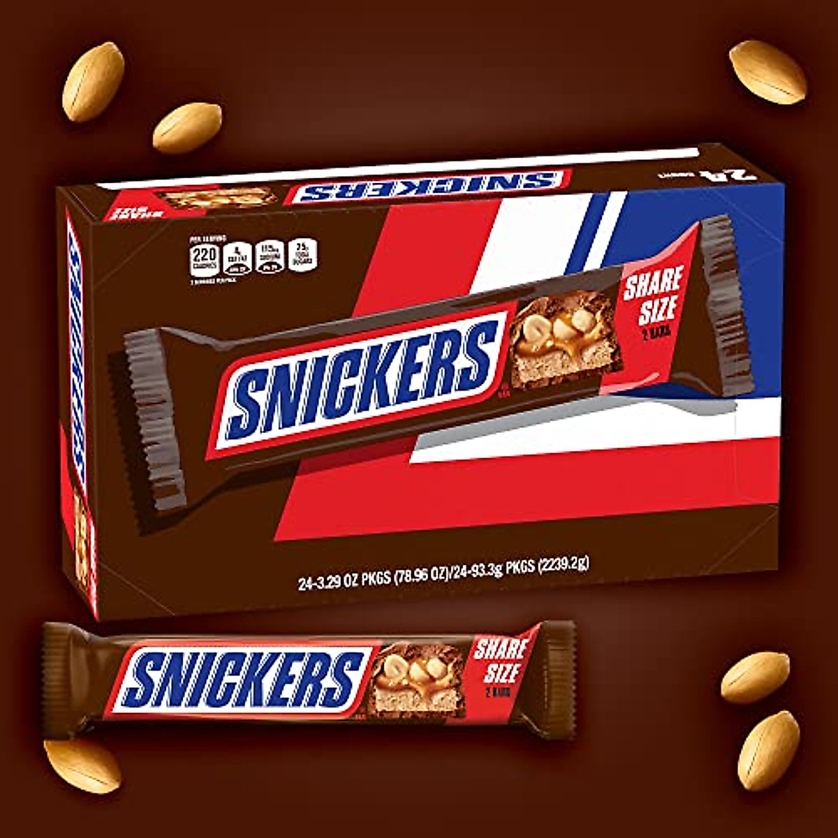 SNICKERS Candy Milk Chocolate Bars, Share Size Bulk Pack, 3.29 oz Bar (Pack of 24)
