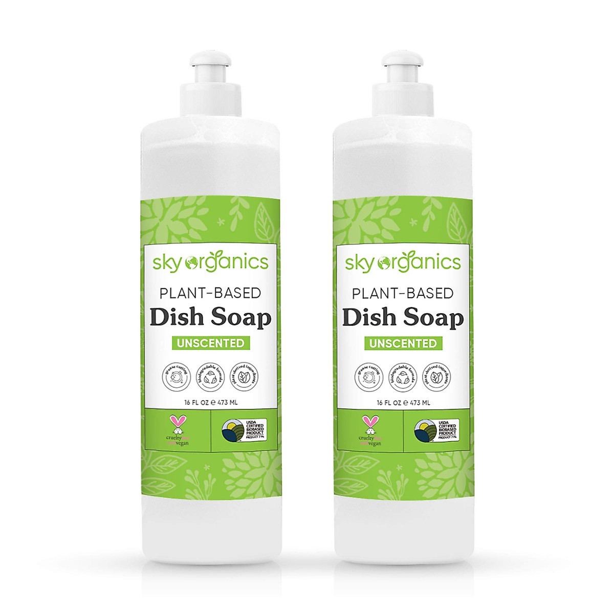 Dish Soap by Sky Organics (16 fl oz x 2 Pack) USDA Bio-Based Unscented Plant-Based Liquid Grease Cutting Soap, Cruelty-Free, Biodegradable Formula