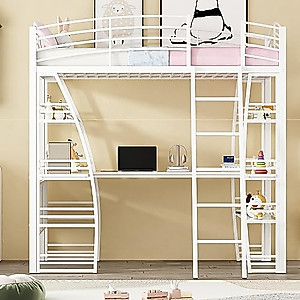 ALYSAHOME Twin Size Loft Bed with 4 Layers of Shelves and L-Shaped Desk, Stylish Metal Frame Bed with a Set of Sockets, USB Ports and and Wireless Charging, White