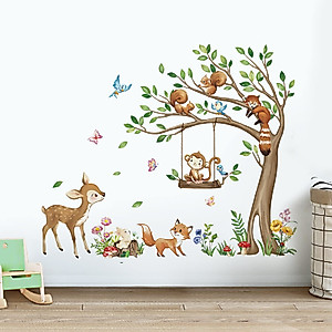 decalmile Woodland Animals Tree Wall Decals Deer Monkey Fox Squirrel Wall Stickers Kids Baby Nursery Bedroom Playroom Wall Decor