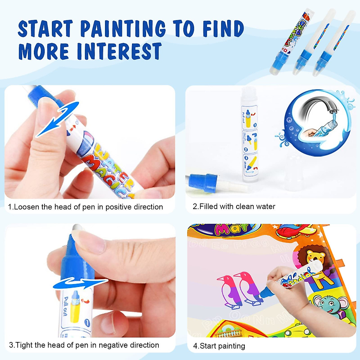 Kazswitle Water Drawing Mat, Kids Toys Painting Writing Coloring Mat, Mess Free Water Doodle Mat Magic Pens Educational Toys Halloween Xmas Gifts for 2 3 4 5 6 Year Old Girls Boys Kid Toddler