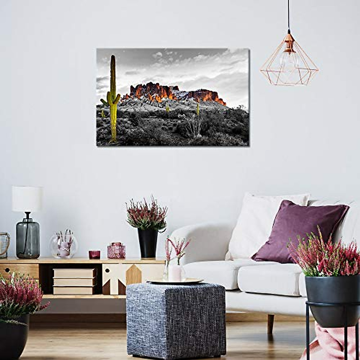 Biuteawal Superstition Mountains Sunset Wall Art Arizona Western Desert Cactus Landscape Paintings Canvas Art Print Nature Pictures for Home Wall Decoration Ready to Hang