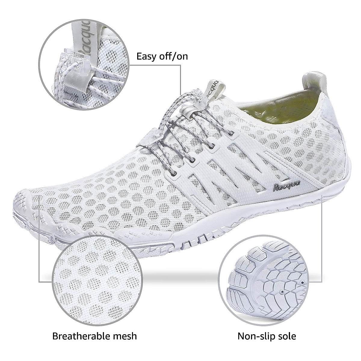 Racqua Water Shoes Quick Dry Barefoot Beach Aqua Sport Swim Surf Pool Hiking Diving Walking for Men Women White 8.5 Women/7.5 Men