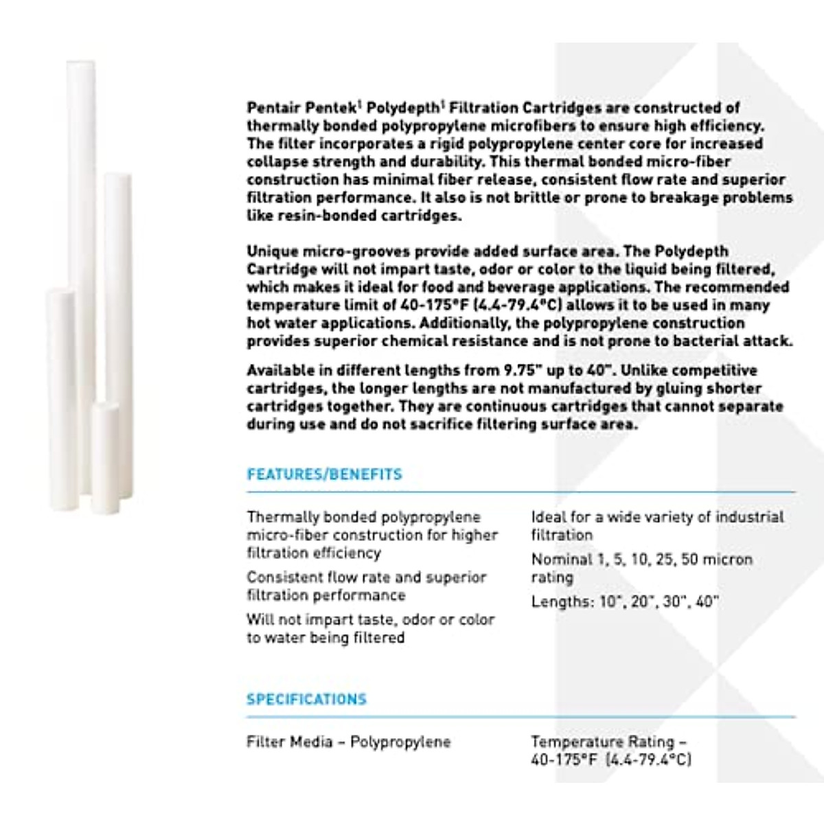 Pentair Pentek PD-5-20 Sediment Water Filter, 20-Inch, Whole House Polydepth Polypropylene Replacement Cartridge, 20" x 2.5", 5 Micron