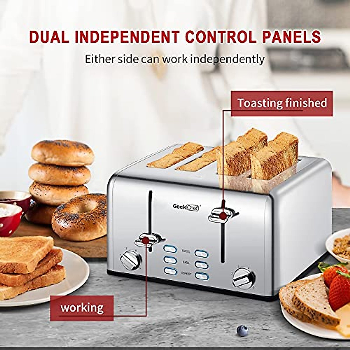 Geek Chef 4 Slice toaster, Best Rated Prime Retro Bagel Toaster with 6 Bread Shade Settings, 4 Extra Wide Slots, Defrost/Bagel/Cancel Function, Removable Crumb Tray, Stainless Steel Toaster (4 slice stainless steel （classic）)