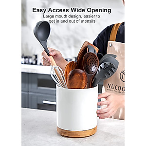 Nucookery 360° Rotating Utensil Holder, 7.2" Large Utensil Crock, White Ceramic Cooking Utensil Organizer with Countertop-Protection Cork Bottom for Farmhouse Kitchen Decor Gift (White)