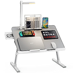 Laptop Bed Tray Desk with LED Desk Light, SAIJI Adjustable Laptop Stand for Bed, XX-Large PVC Leather Foldable Laptop Table with Book Stand, Wrist Rest, Extra Leg Room for Sofa Couch Floor (Gray)